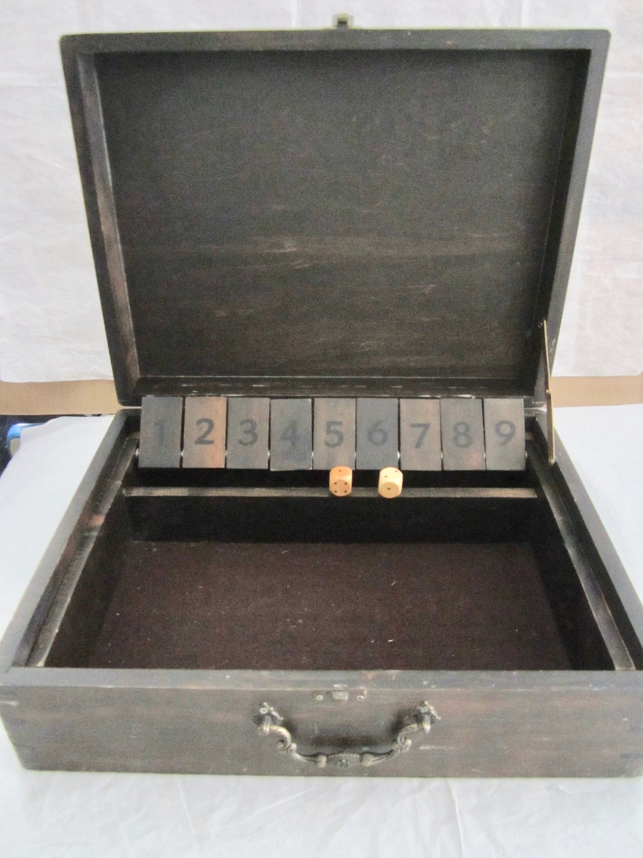 Vintage Shut the Box Game Board in Carrying Handled Wood Case W/ Latch ...