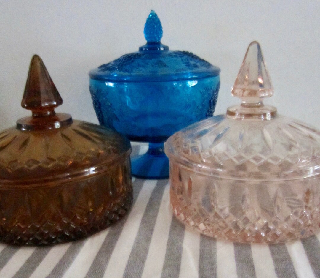 Vintage Pedestal BLUE Glass Storage W/ Lid Indiana Glass Covered Candy ...