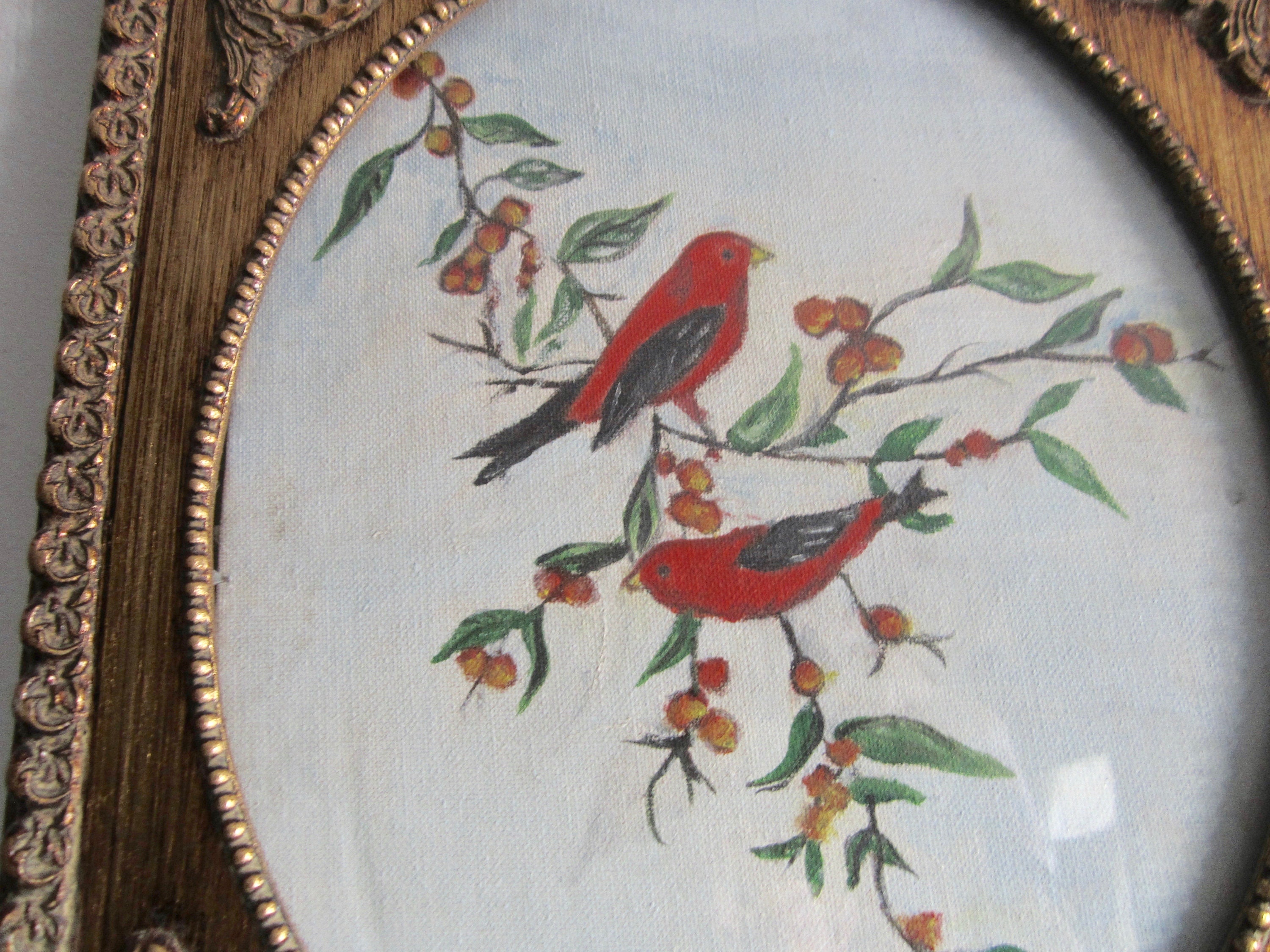 Vintage Birds Hand Painting Amazing Ornate Gold Wood Frame Original ...