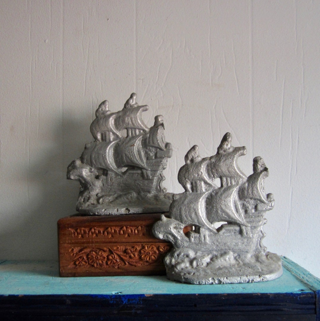 Vintage Pair Ship Bookends Rustic Nautical Bookends Handmade Sailing ...