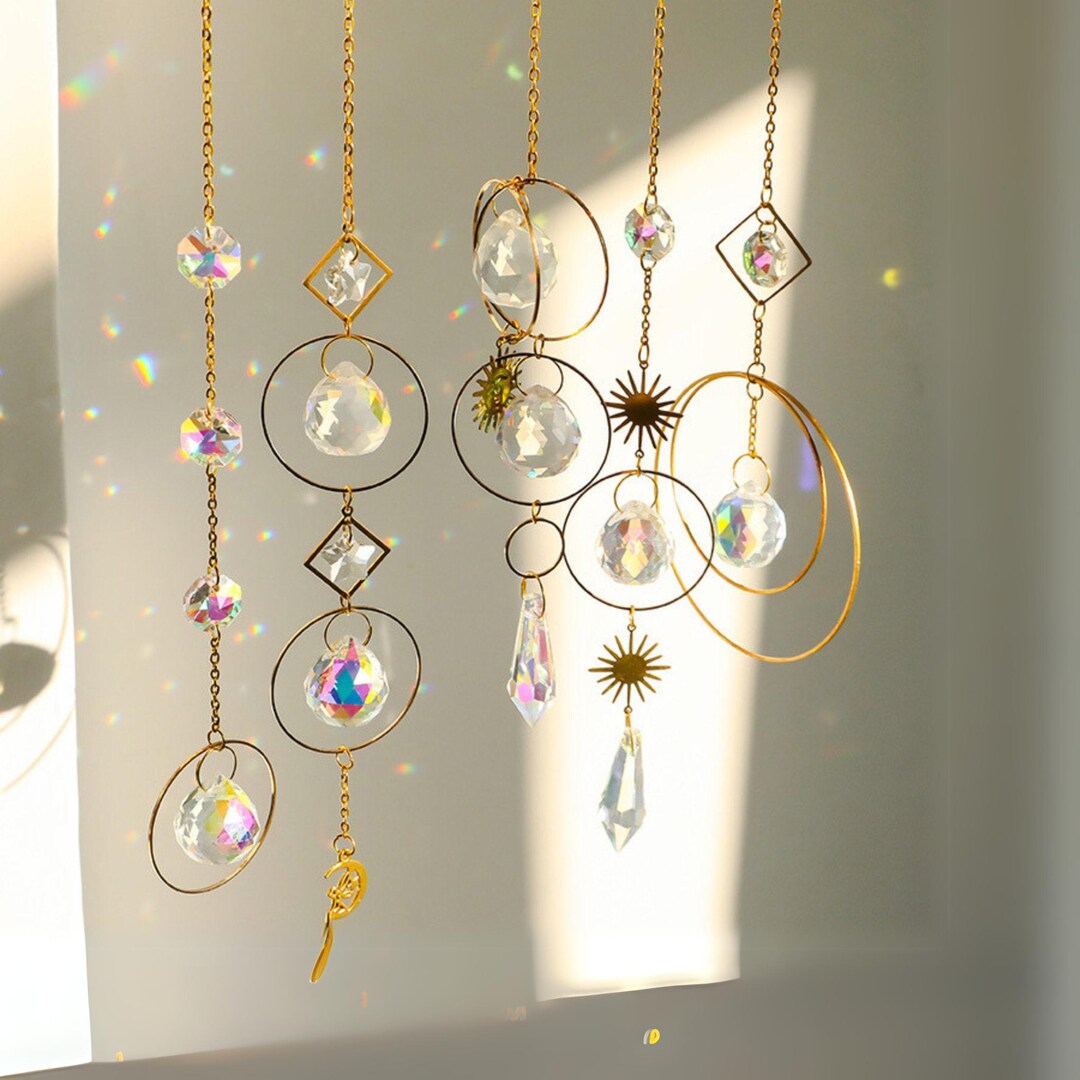 Crystal Light Catcher, Moon Sun Catcher, Hanging Window Decor, Rainbow ...