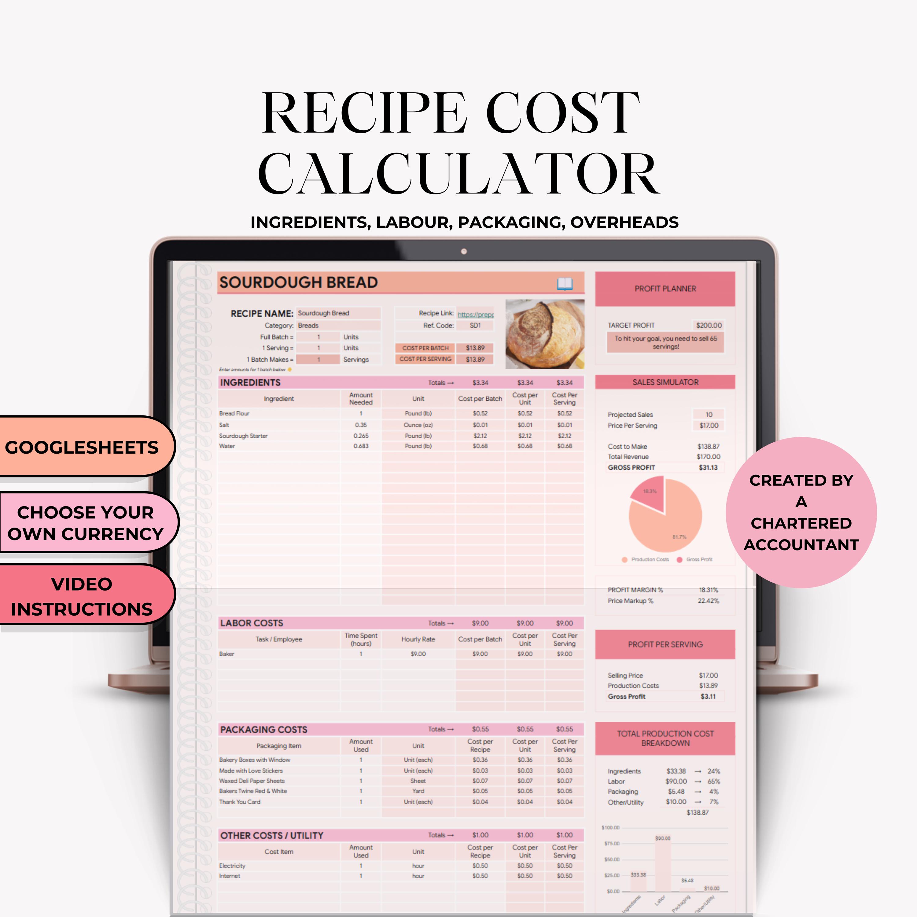 Recipe Cost Calculator, Profit Calculator Spreadsheet, Bakery Pricing ...