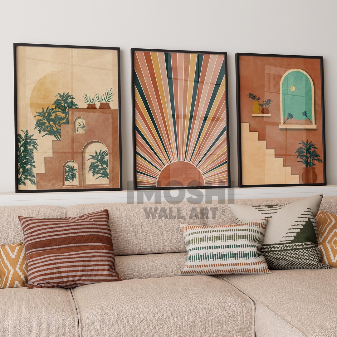 Boho Desert Print Set, Moroccan Wall Art, Set of 3 Posters, Burnt ...