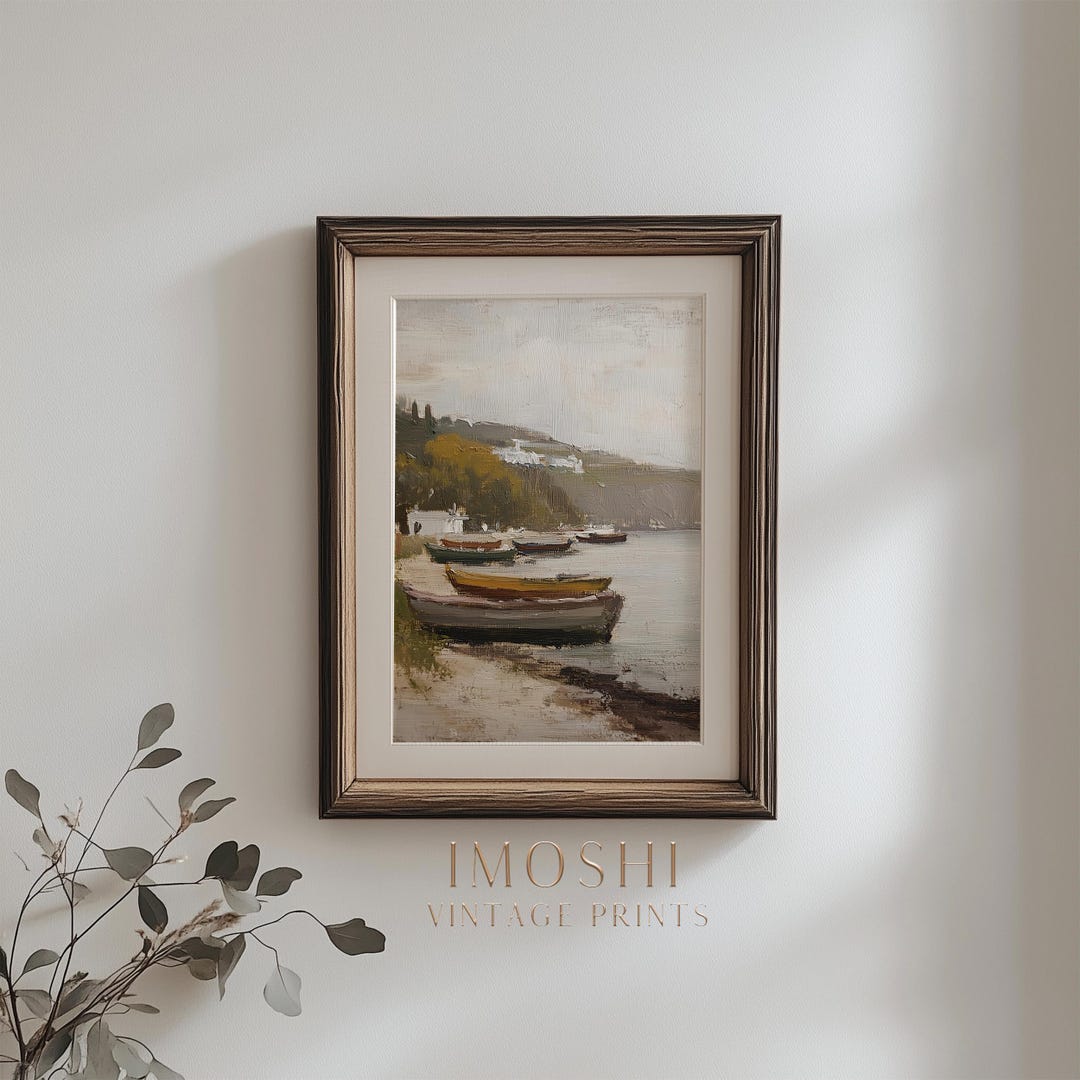 Vintage Coastal Boat Poster, Rustic Harbor Oil Painting Wall Art ...