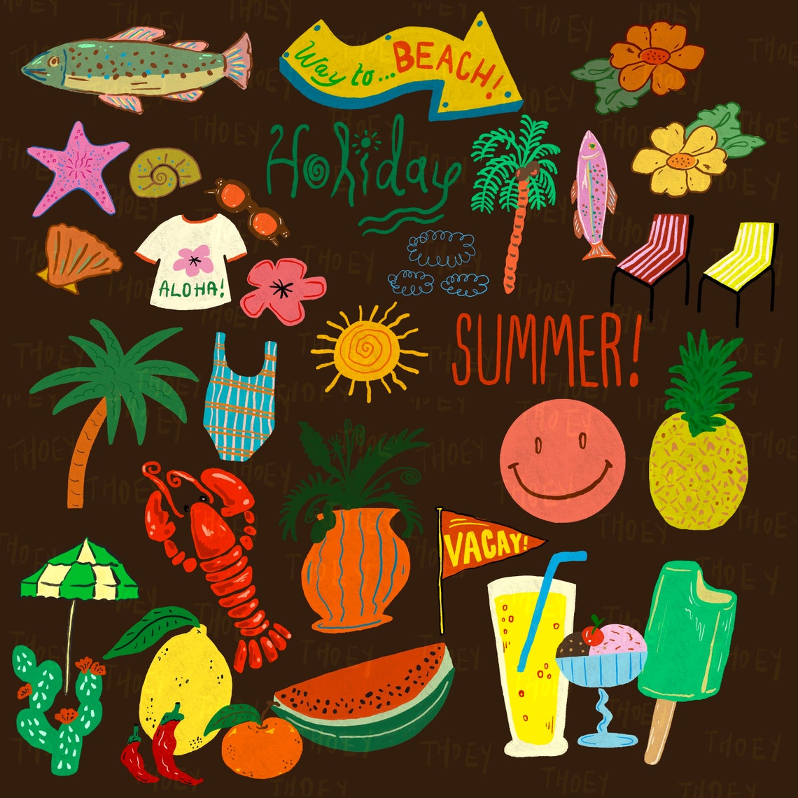 Summer Holiday Digital Clipart Elements, Illustration, Sticker , Icons ...