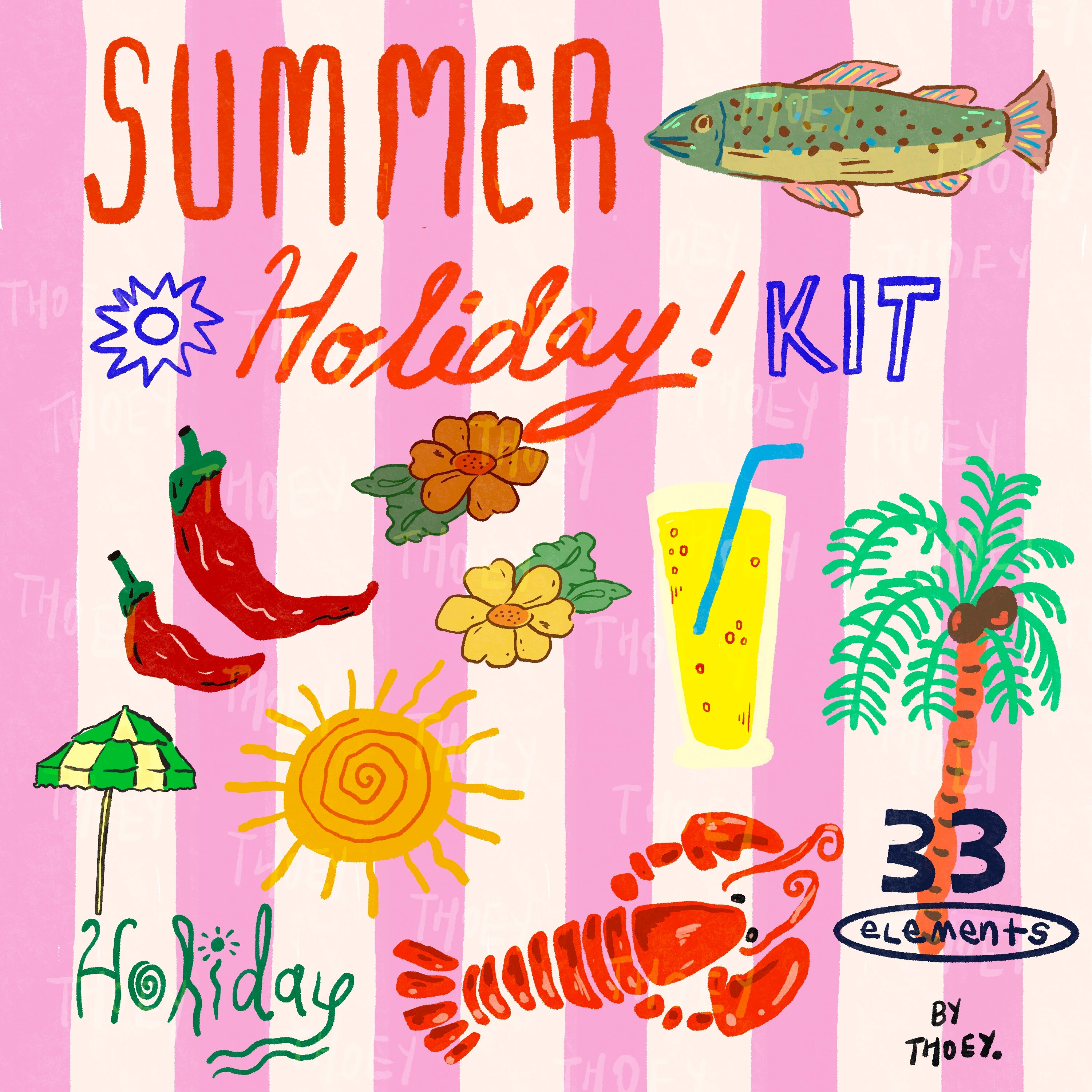 Summer Holiday Digital Clipart Elements, Illustration, Sticker , Icons ...