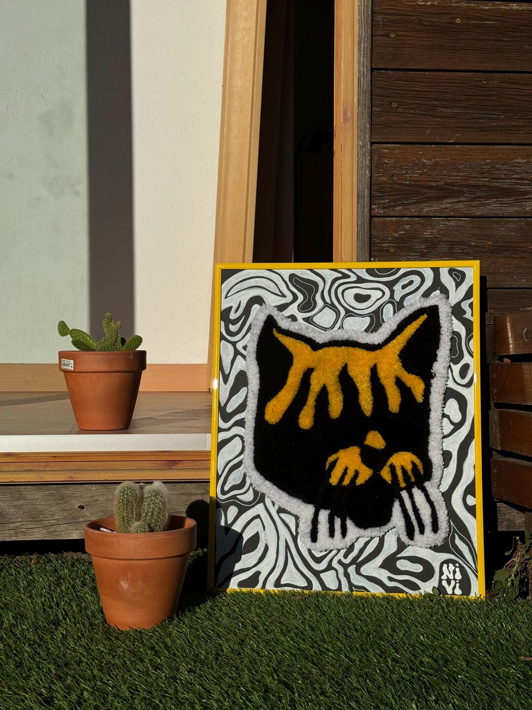 Tufted Cat Wall Decor for Studio - Handmade Textile Art in White Yellow ...