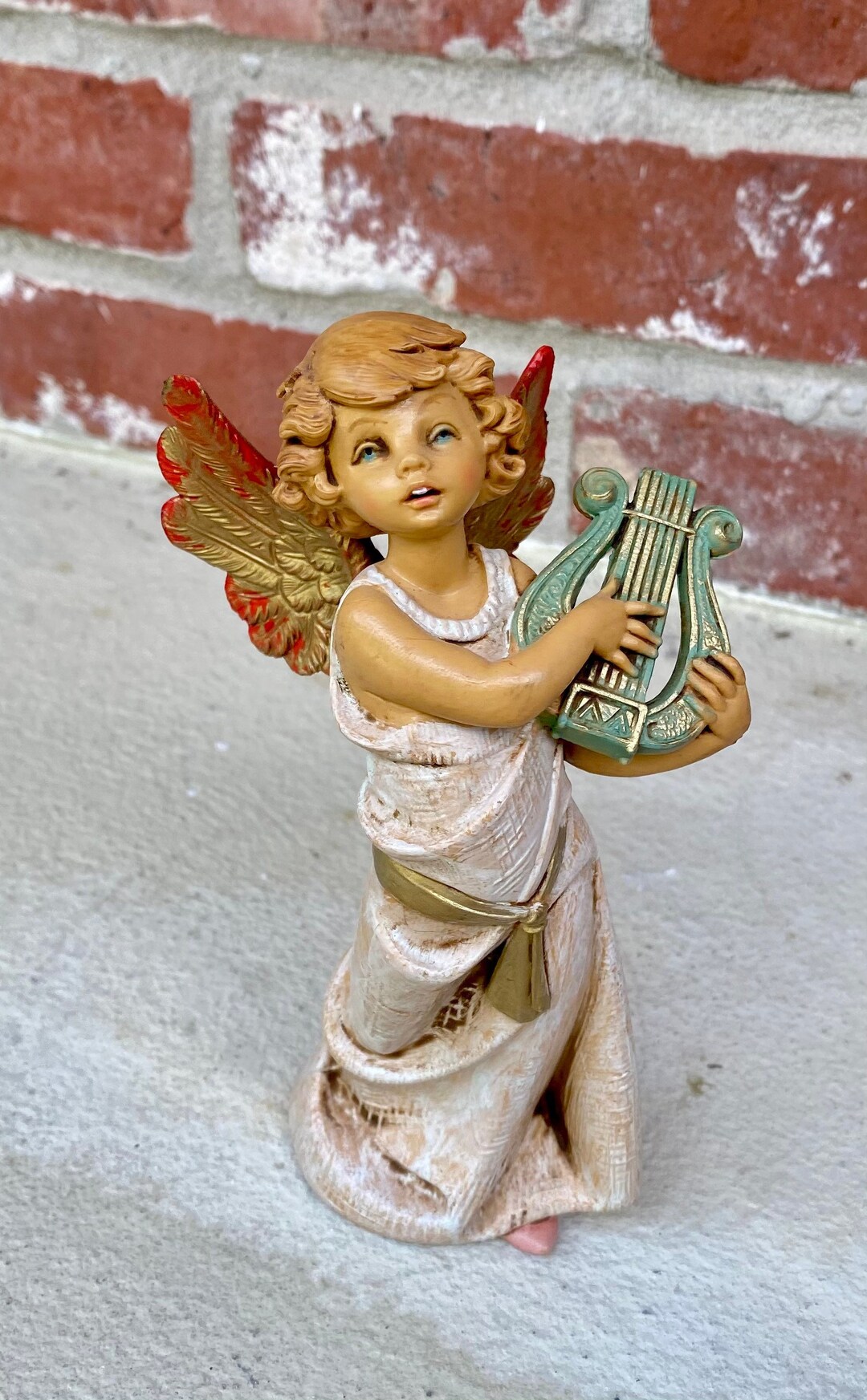 VINTAGE Fontanini Angel With Harp - 6" High - Gold Wings, Green Harp ...