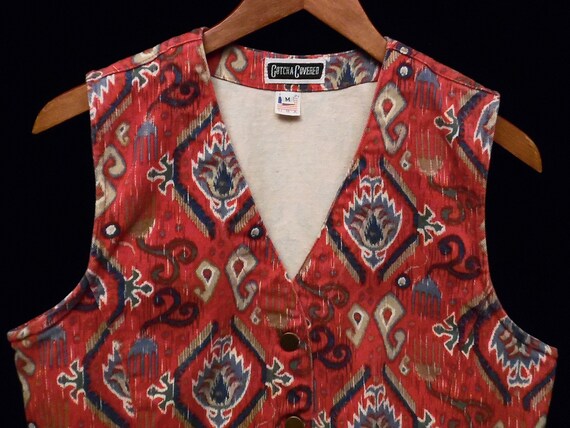 80's denim vest / vintage kilim ethnic pattern / red … - Gem