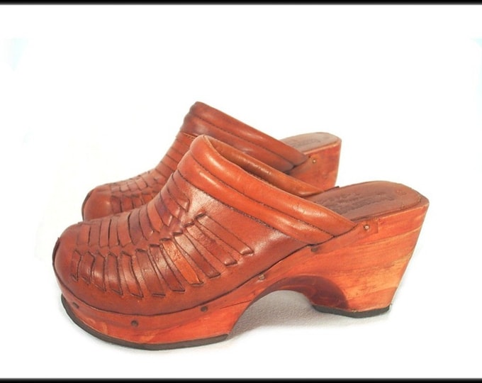 70's Platform Clogs Vintage WOOD HEELS Woven Leather Shoes Size 6 B - Etsy