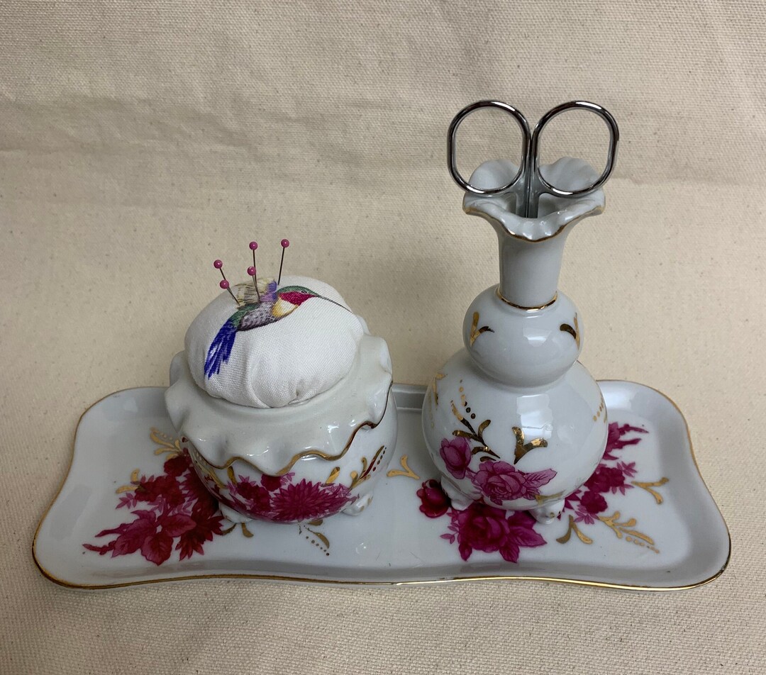Vintage Porcelain Vanity Set Pincushion & Scissors Holder - Etsy