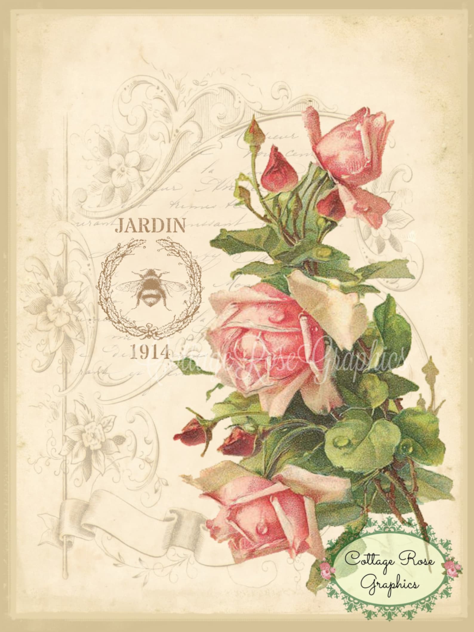 Pink Roses Vintage French Ephemera Script Jardin Single Image - Etsy