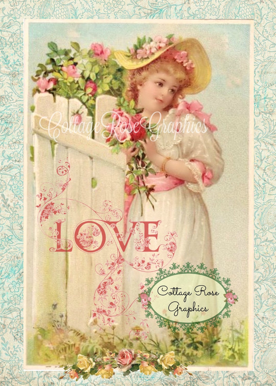 Vintage Valentine Love Large Digital Download Pink ROSES Romantic ...
