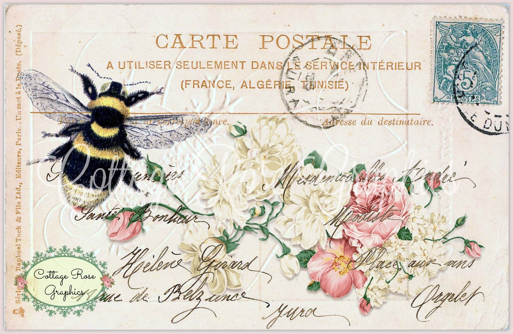 French Bumble Bee Postcard Digital Download Pink Floral Carte - Etsy Canada