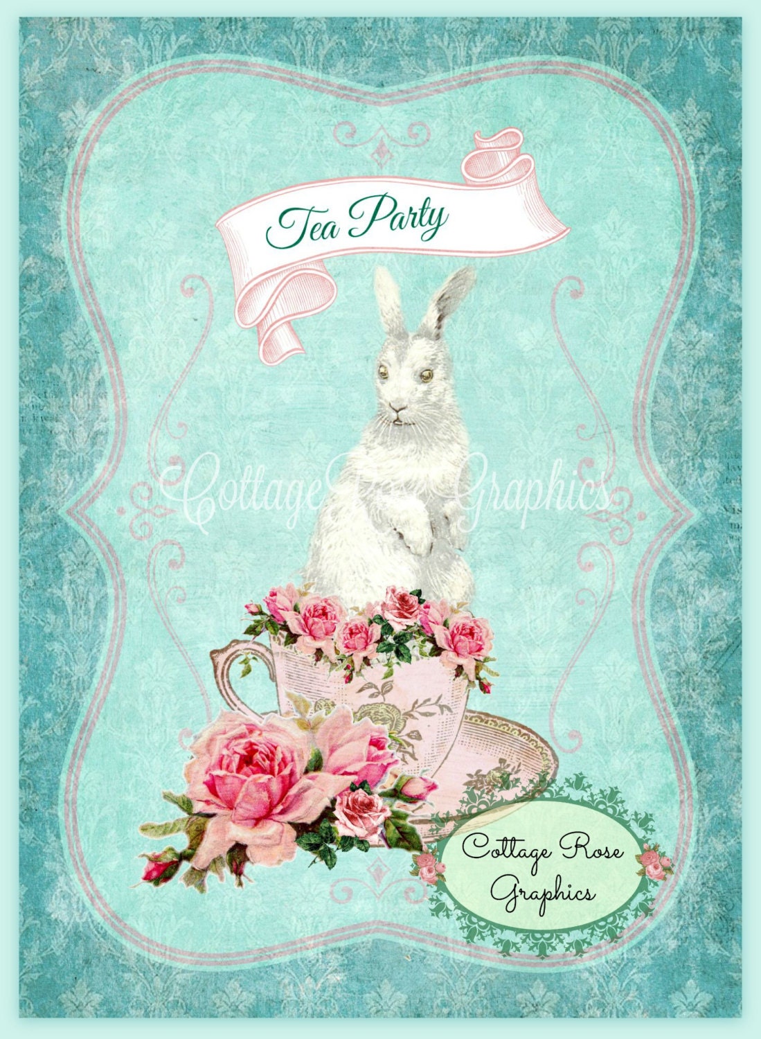 Tea Party Bunny pink roses digtial printable download BUY 3 | Etsy