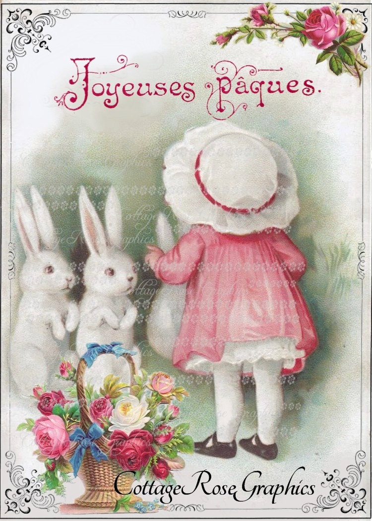 Vintage French Easter Bunnies Card: Joyeuses Pâques (digital Download ...