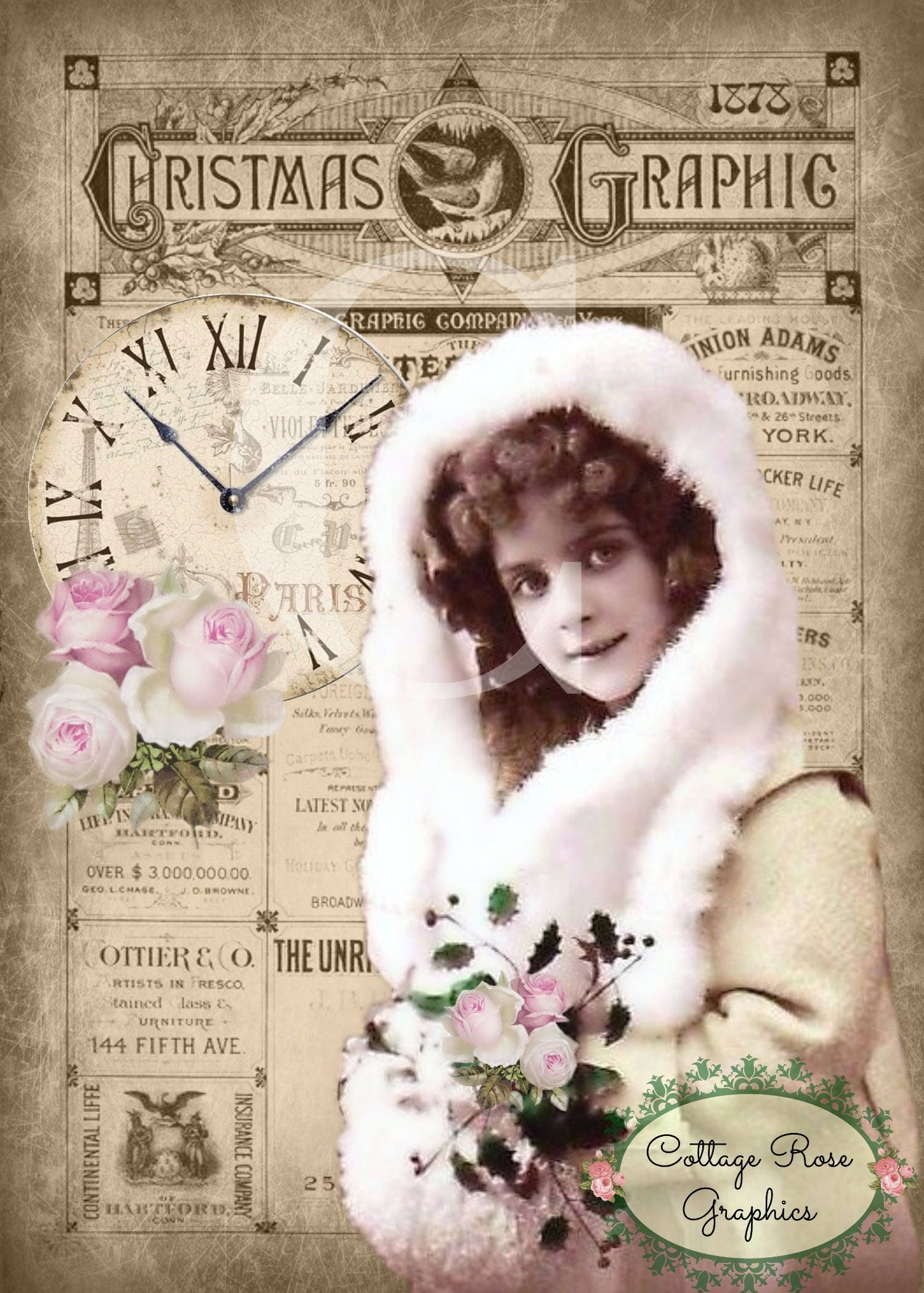 Vintage Christmas Victorian Girl Photo Pink Roses Large - Etsy