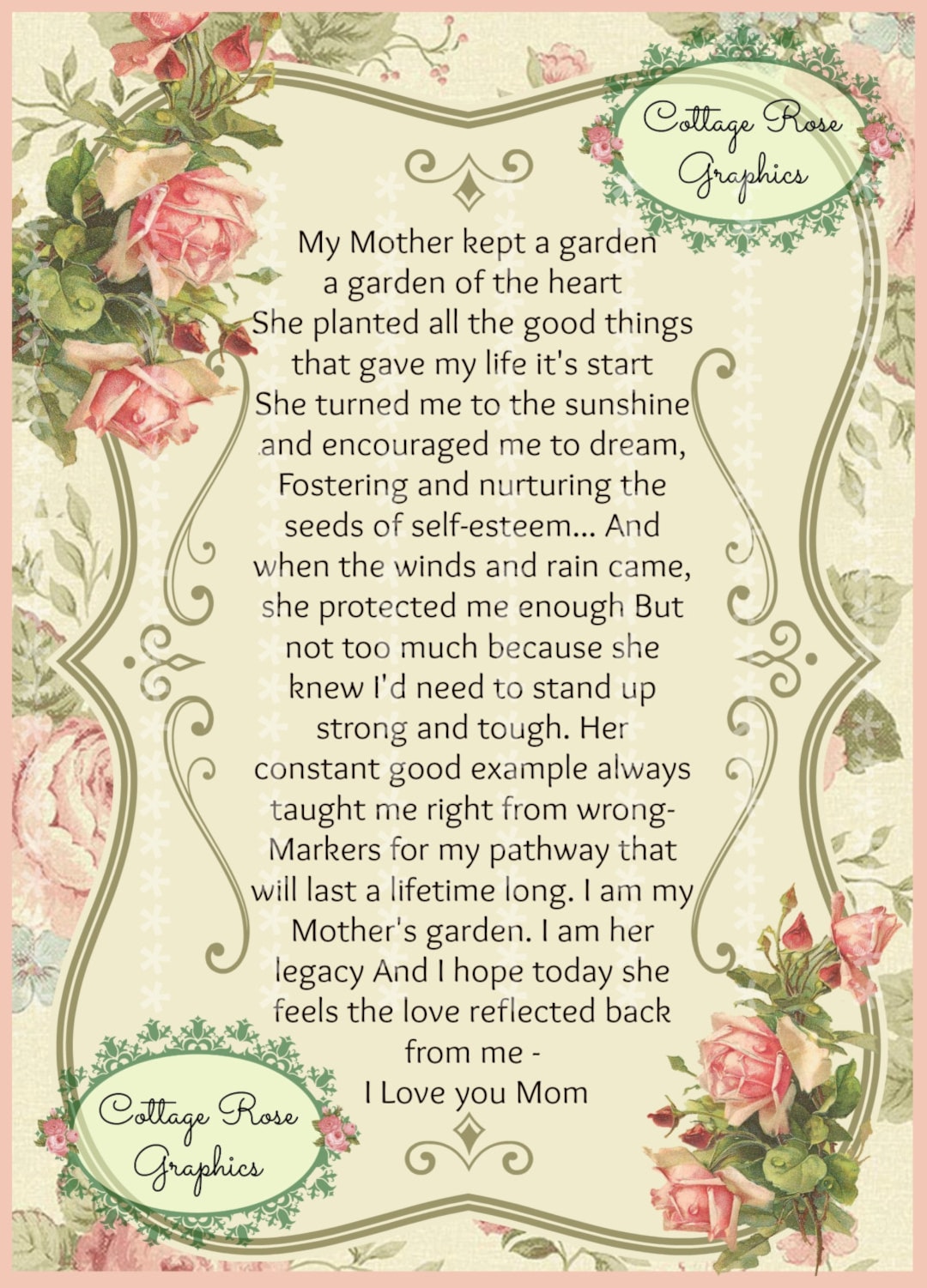 My Mothers Garden Verse Collage Single Pink Roses Large Digital ...