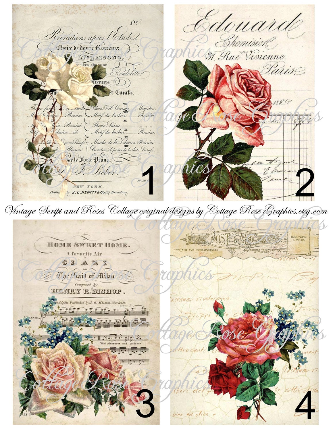 Large Digital Download 4 Vintage Script Images With Victorian | Etsy