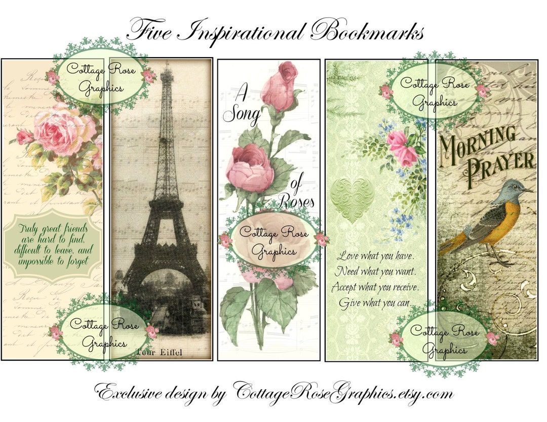 Vintage Style Rose Bookmarks: Inspirational French Verse (digital ...
