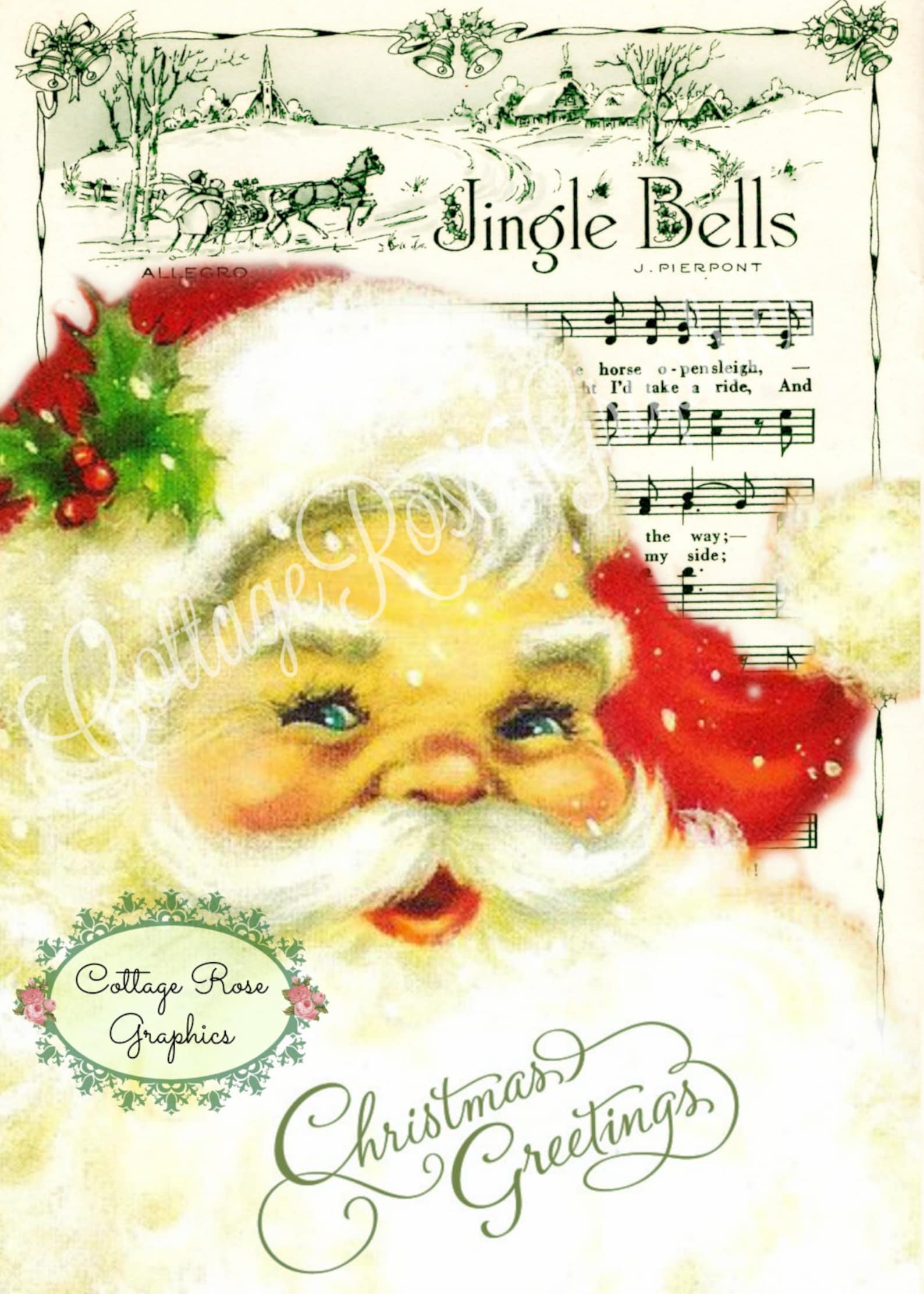 Vintage Santa Jingle Bells Music Christmas Large Digital | Etsy