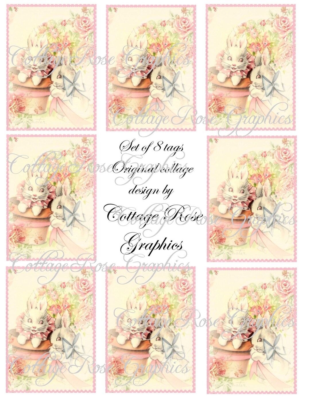 Digital EASTER Gift Tags Bunnies Pink Vintage Egg Bunny Download Buy 3 ...