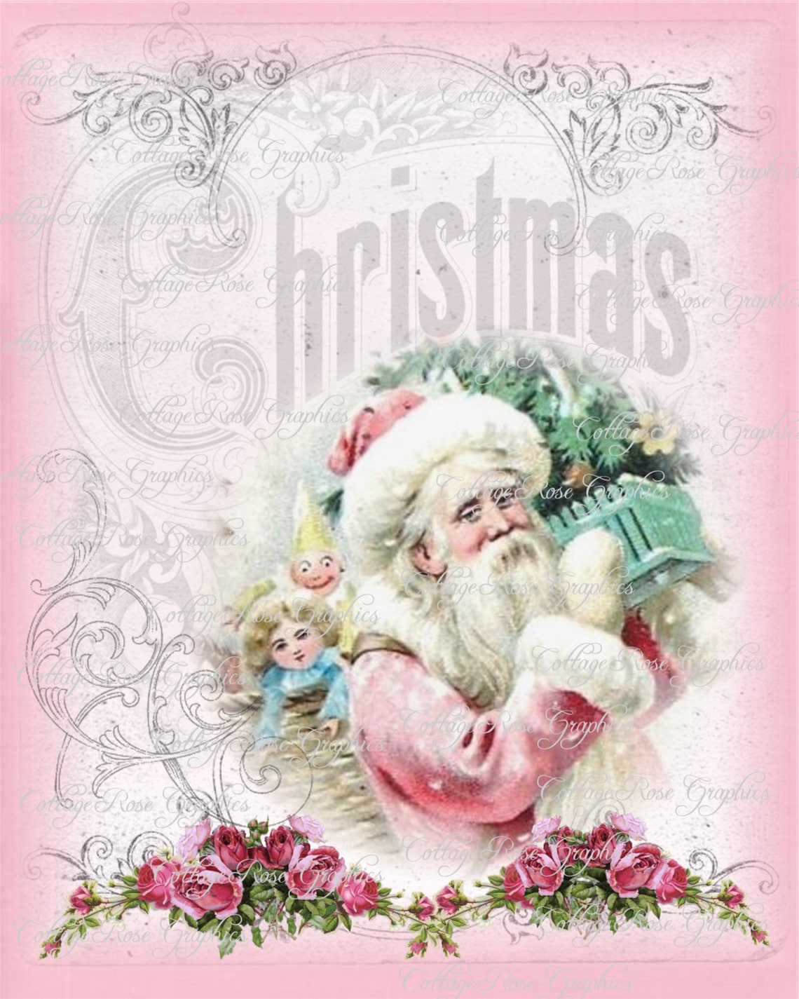 Pink Santa Shabby Christmas Pink Roses Large Digital Download - Etsy