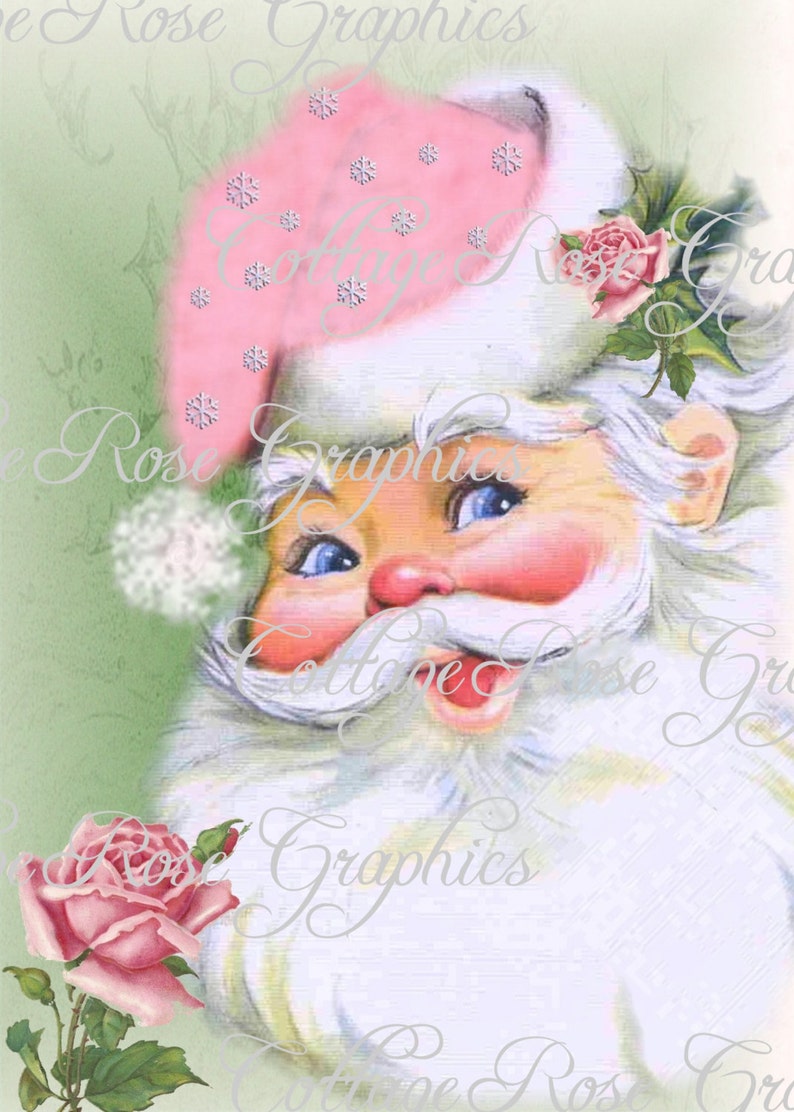 Pink Shabby Retro Santa and Roses Large Digital Download ECS - Etsy