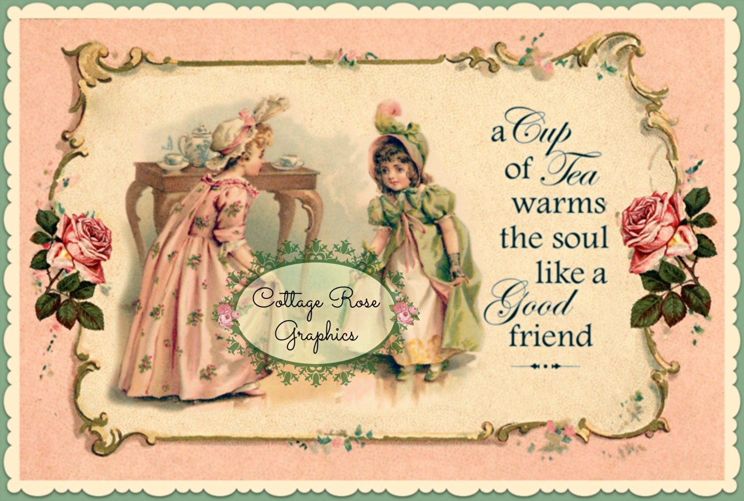 Victorian Cup of Tea Digital Download Pink Roses BUY 3 Get One | Etsy