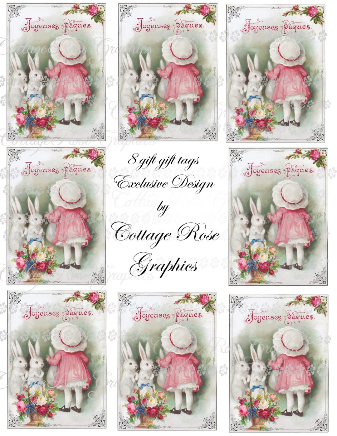 Digital French EASTER Gift Tags White Bunnies Pink Download Buy 3 Get ...