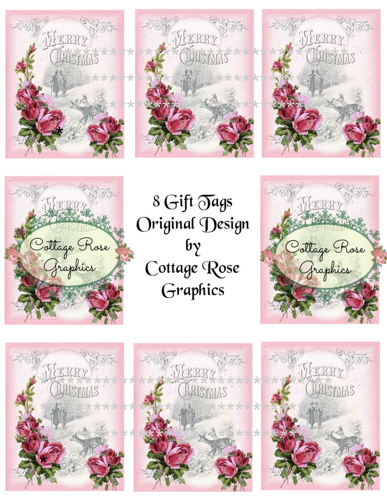 Pink Merry Christmas Roses Gift Tag Sheet Large Digital - Etsy