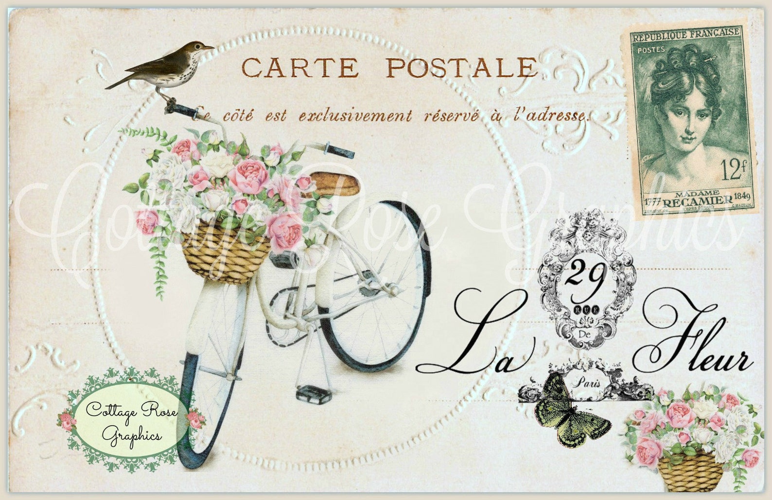 Vintage Bike Postcard Digital Download Basket of Roses Carte - Etsy