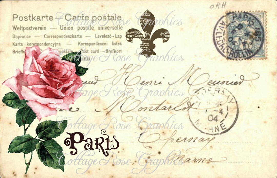Vintage Postcard Digital Download Pink Roses in Paris Collage French ...
