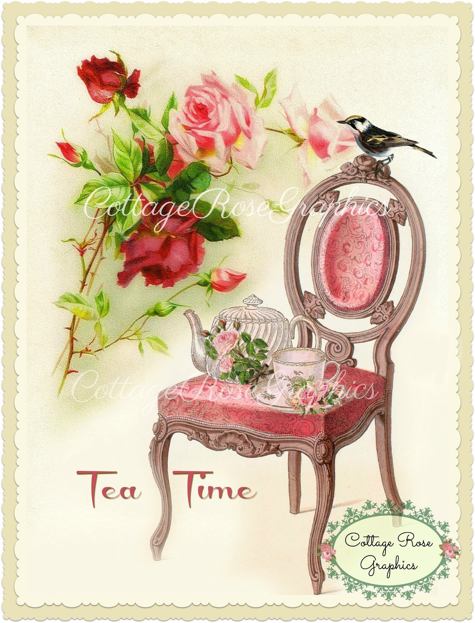 Vintage Tea Time Digital Printable Download Pink Chair and - Etsy