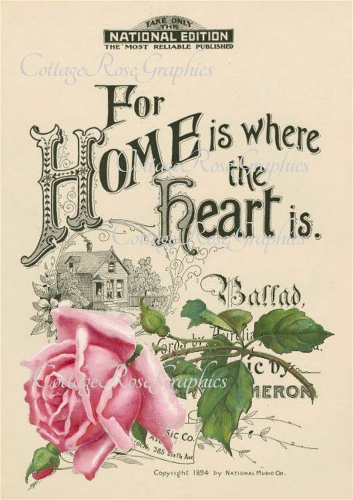Home is where the Heart is digital download Vintage pink roses | Etsy