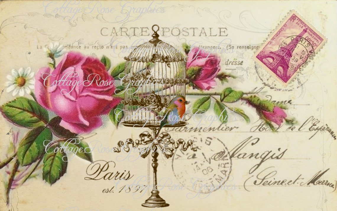 Paris est. 1897 Vintage Postcard igital download collage Pink | Etsy