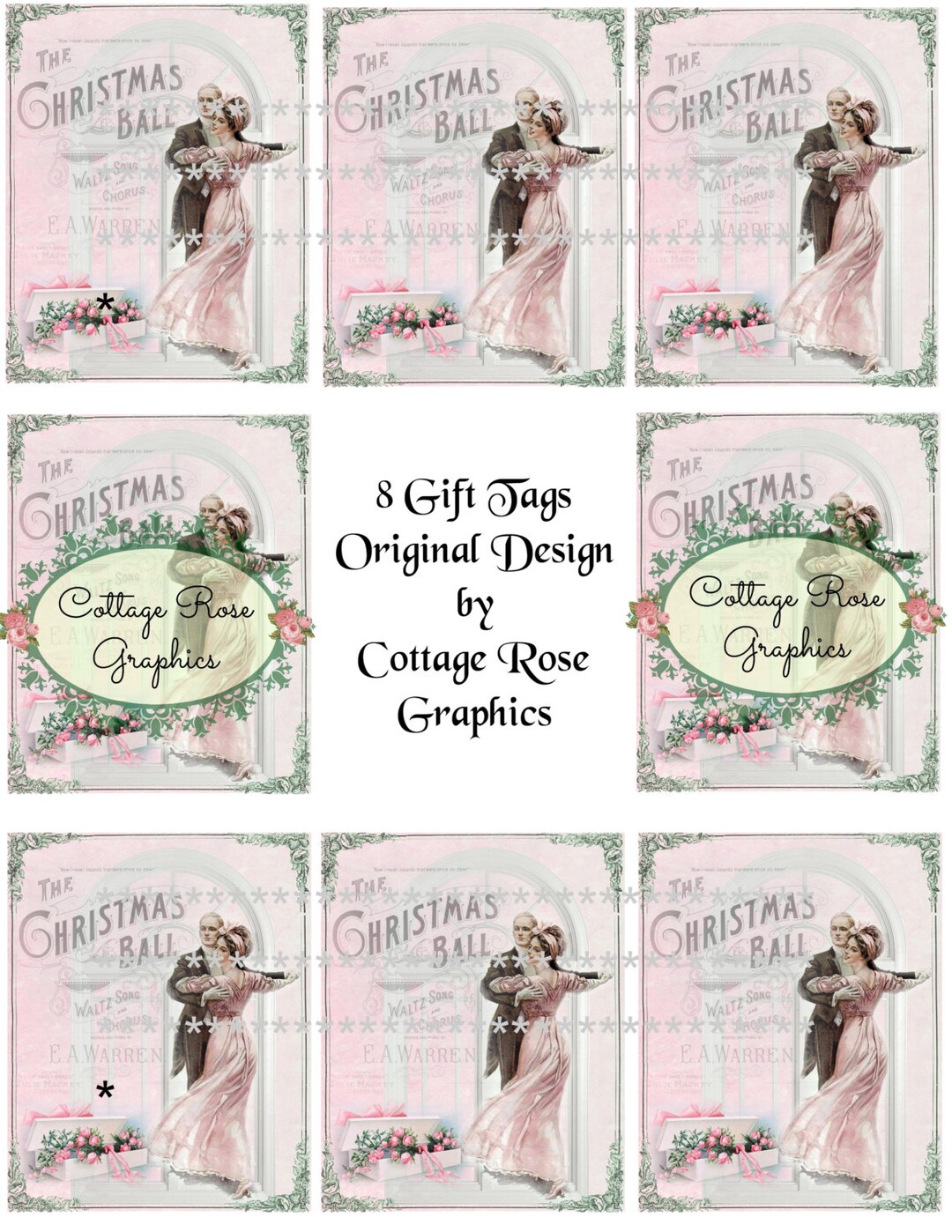 The Christmas Ball Pink Roses Gift Tag Sheet Large Digital Download ATC ...