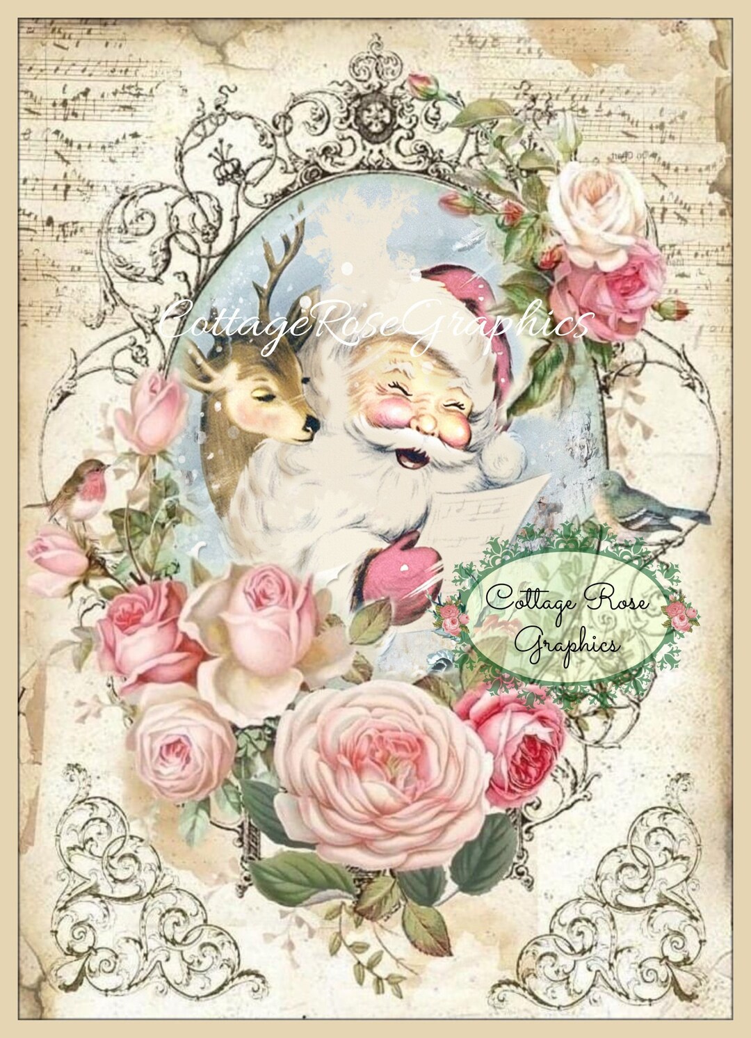 Pink Christmas Santa With Reindeer Roses Digital Download - Etsy
