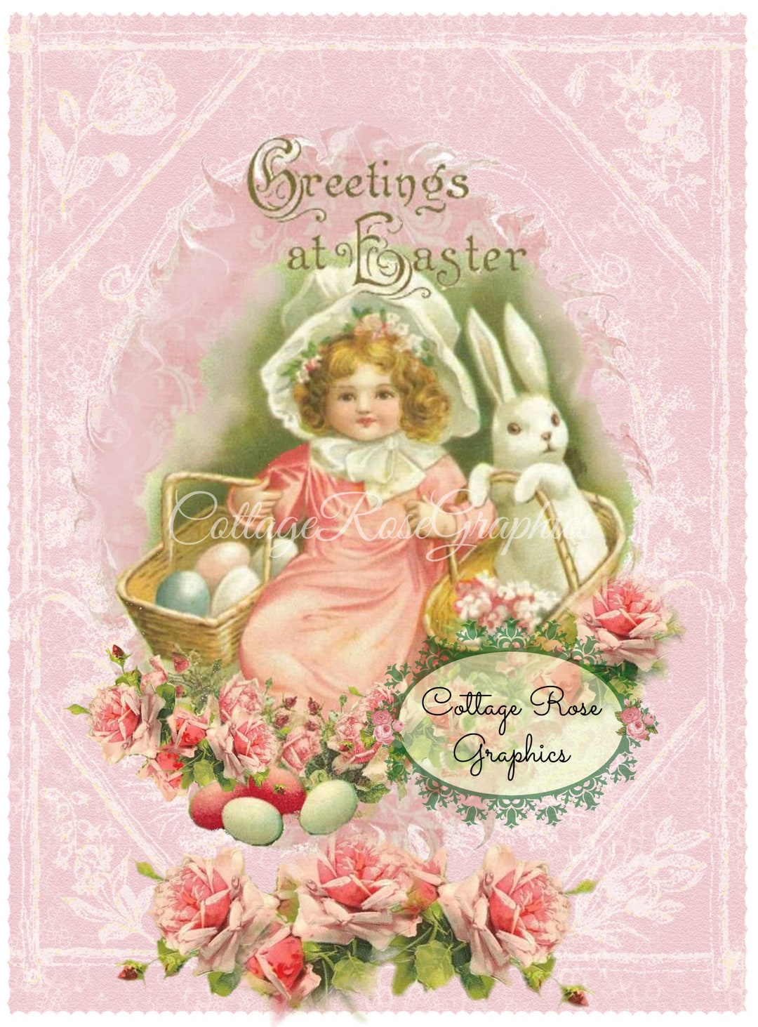 Vintage Pink Roses Easter Greetings Card Large Digital Download ECS ...