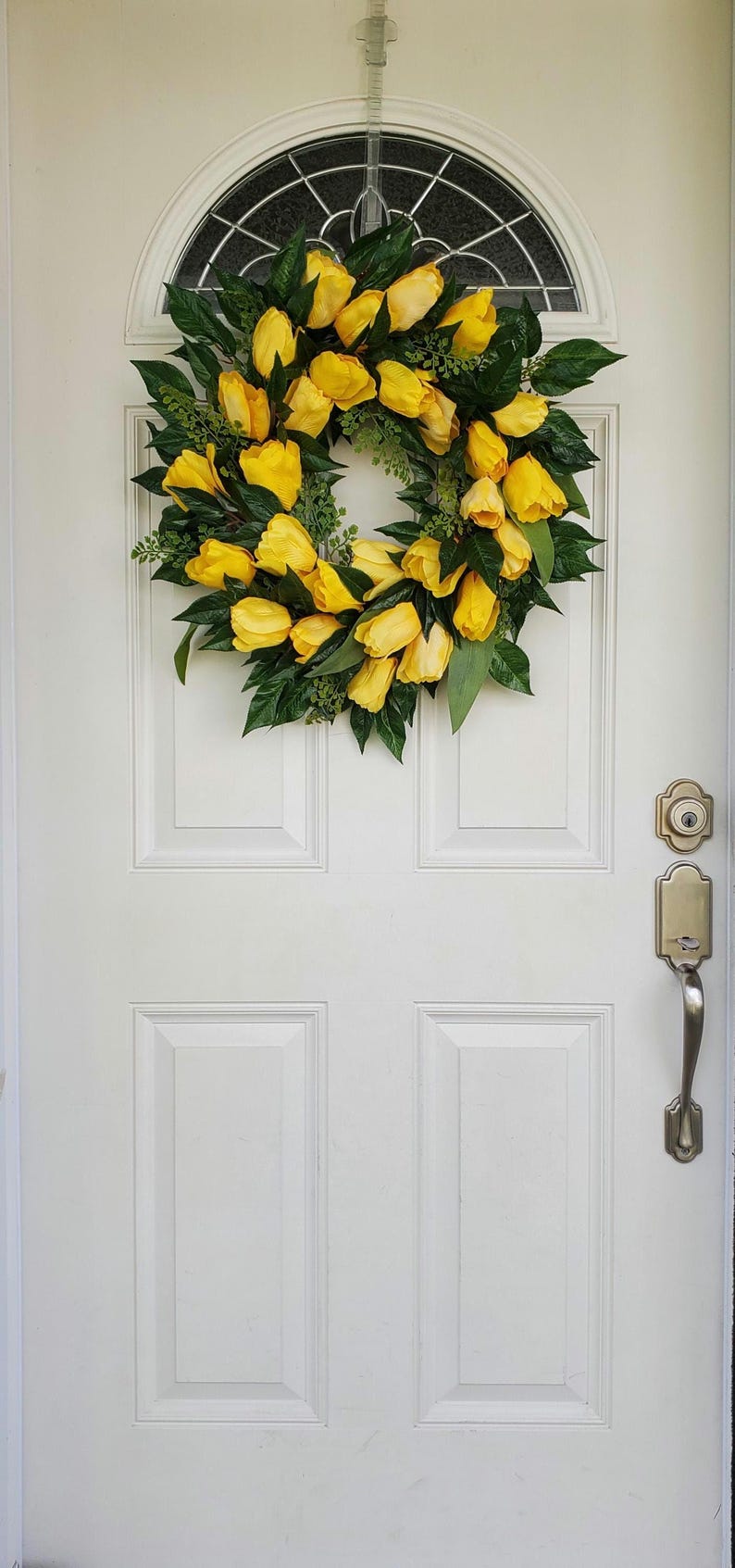 Wreath With Large Yellow Tulips and Lush Greenery, Spring/summer Wreath ...
