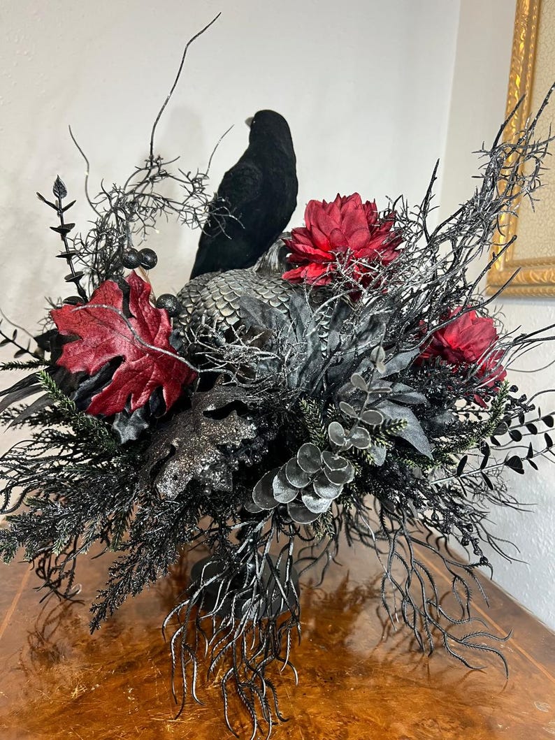 Candlestick Halloween Gothic Pumpkin With Crow Arrangement Centerpiece ...