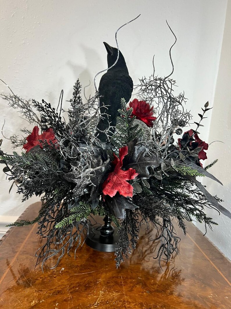 Candlestick Halloween Gothic Pumpkin With Crow Arrangement Centerpiece ...