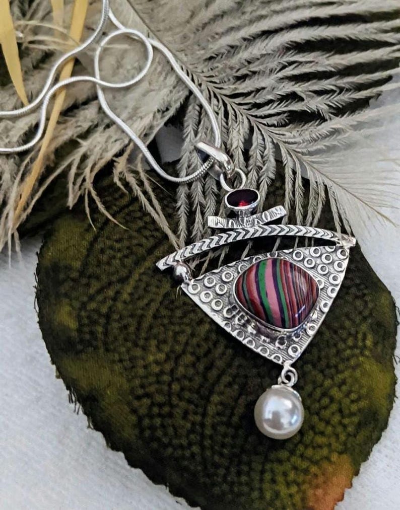 Artisan Sterling Silver Rainbow Calsilica Garnet Pearl Necklace N031 - Etsy