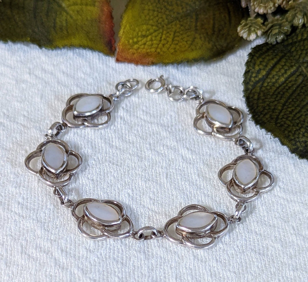 Vintage Sterling Silver Mother of Pearl Link Bracelet B026 - Etsy