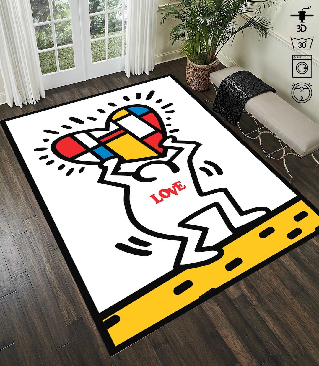Keith Haring & Piet Mondrian Style Rug, Dancing Men Rug, Popart Rug ...