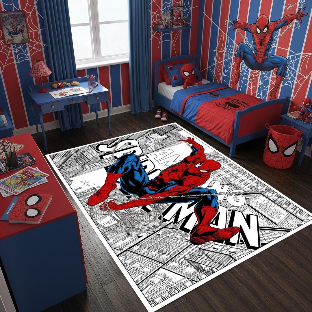 Spider-man Comic Style Kids Rug,superhero Bedroom Decor,cartoon Action ...