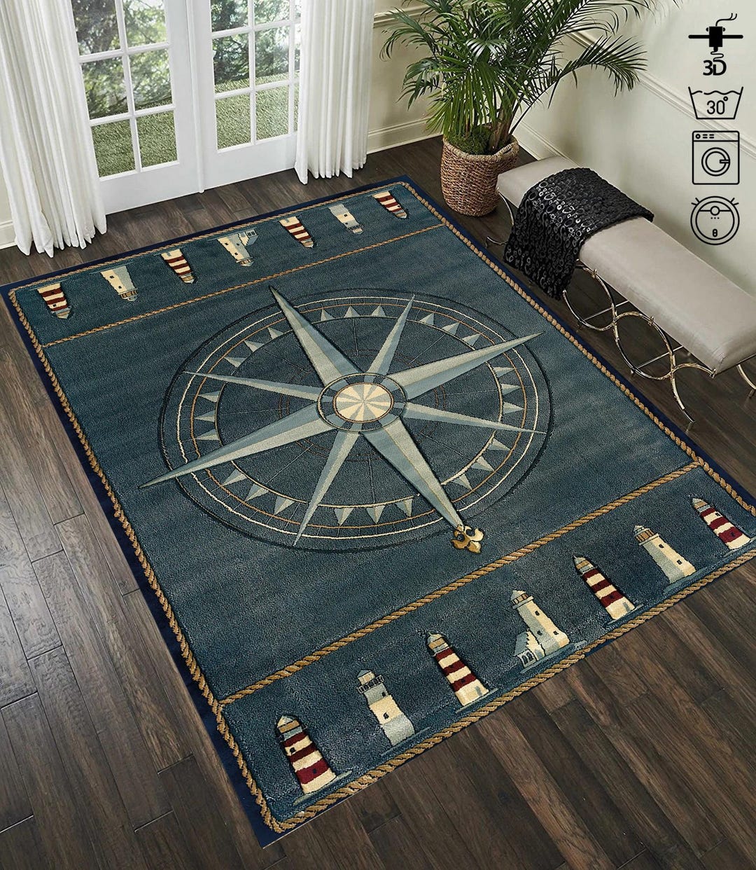 Compass Patterned Rug,sailor Compass Rug, Lighthouse Rug, Coastal Beach ...