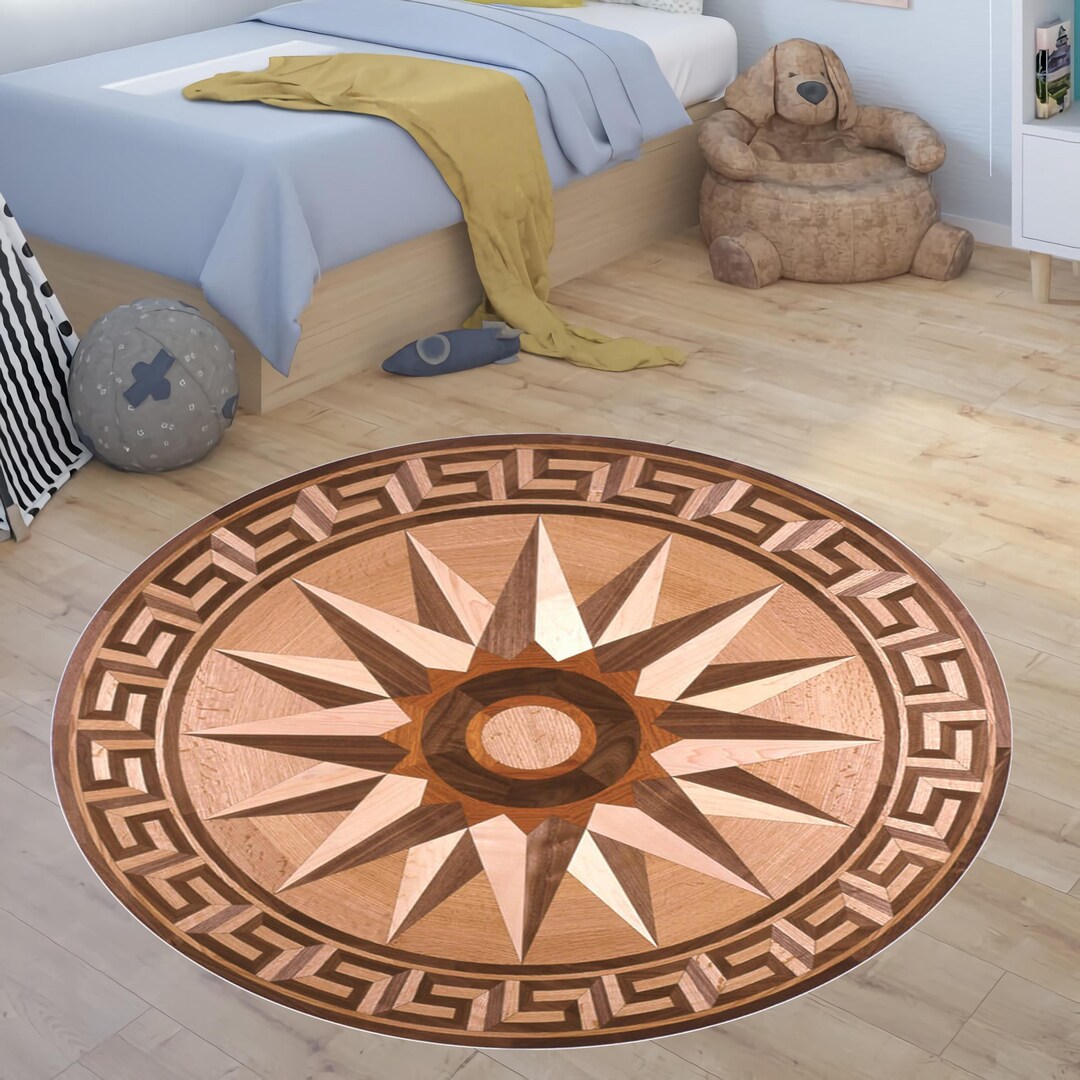 Greek Key Round Rug: Compass Star Wooden Look - Etsy