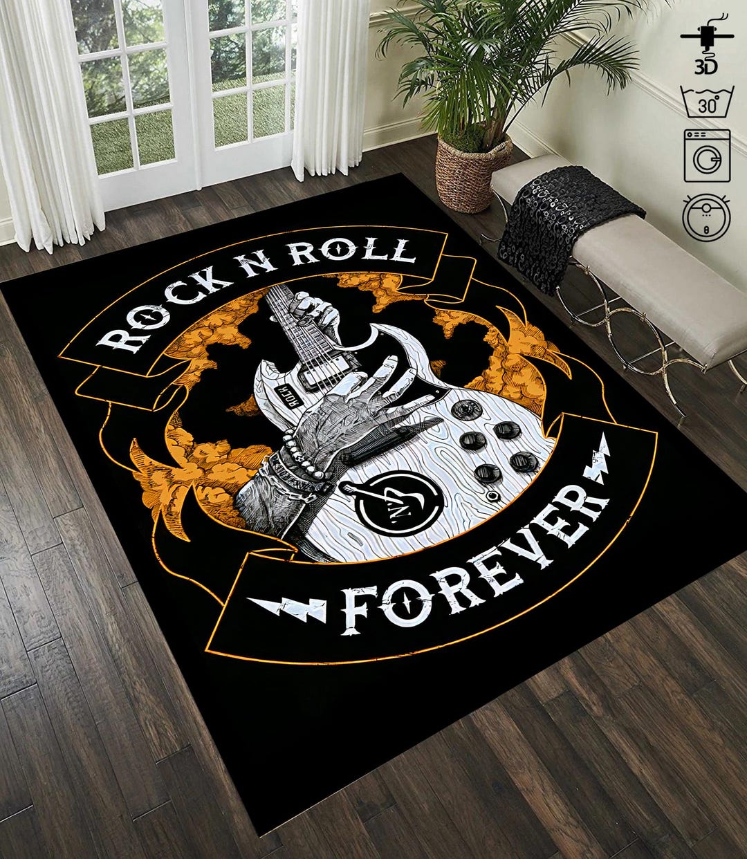 Rock N Roll Patterned Rug,gitar, Music Carpet,aesthetic Rug, Area Rug ...