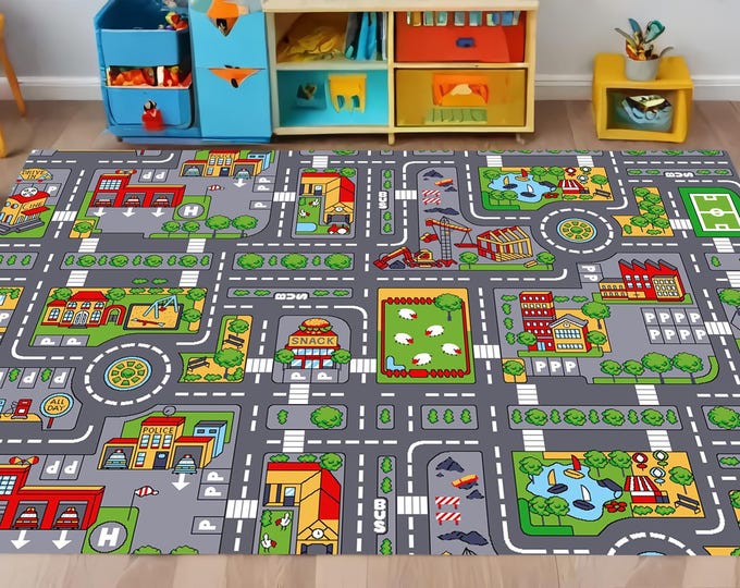 City Road Playground Nursery Kids Rug, Baby City Map With Roads and ...